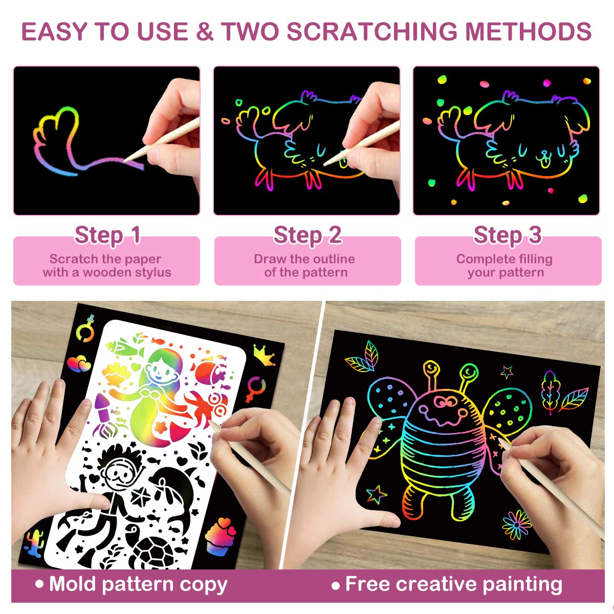 pigipigi 59 Pcs Rainbow Magic Scratch Off Art Crafts & 3 Pack Upgraded Rainbow Scratch Paper Notebook Black Magic Color Drawing Supplies Toy Set for 3-12 Year Old Boys Girls