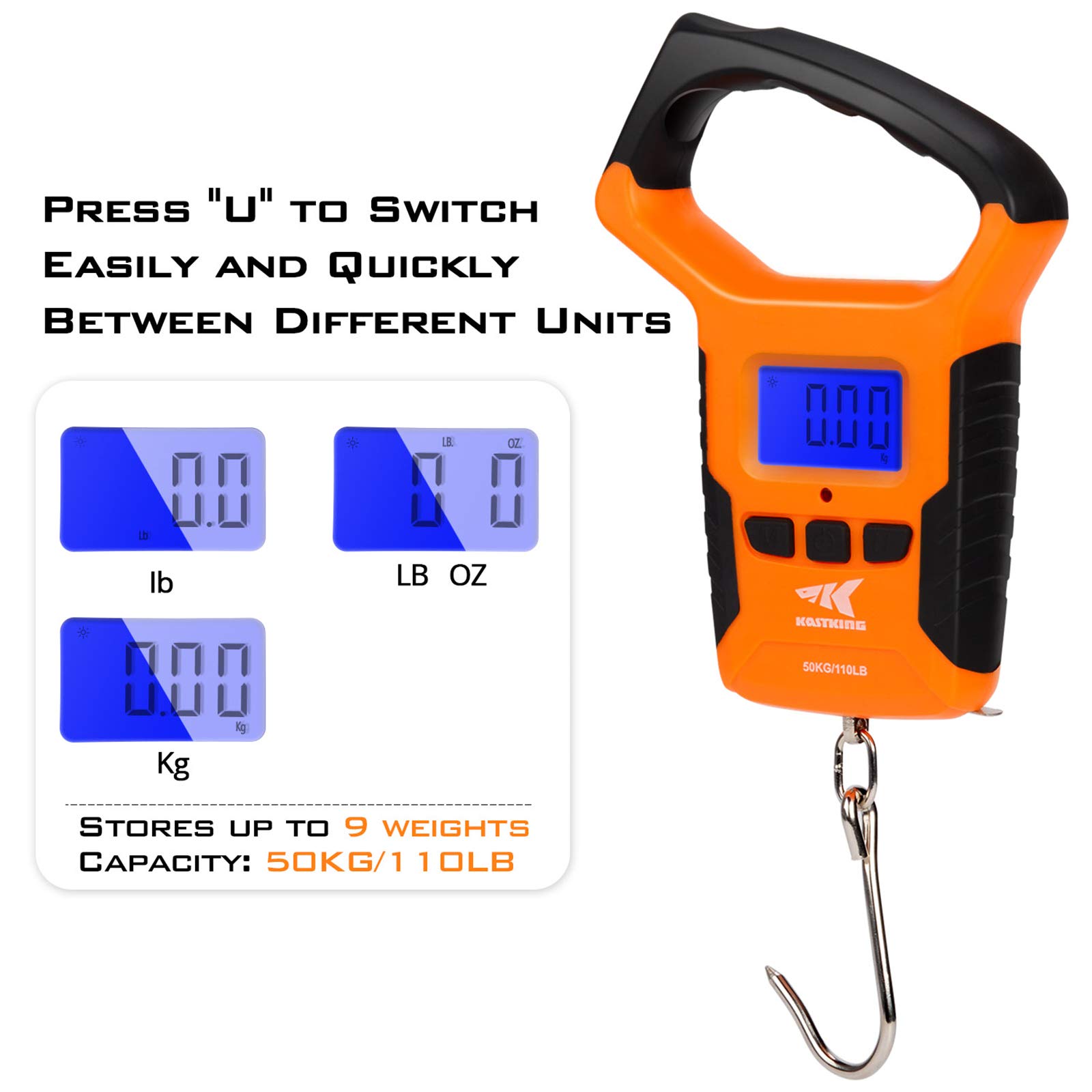 KastKing Fish Scale, Water Resistant Digital Scale with Ruler, 110lb Capacity, Dual Mode β Pounds/Ounces & Kilograms, Light, Strong ABS Frame, Non-Slip Handle, Retractable 38 inch Tape Measure