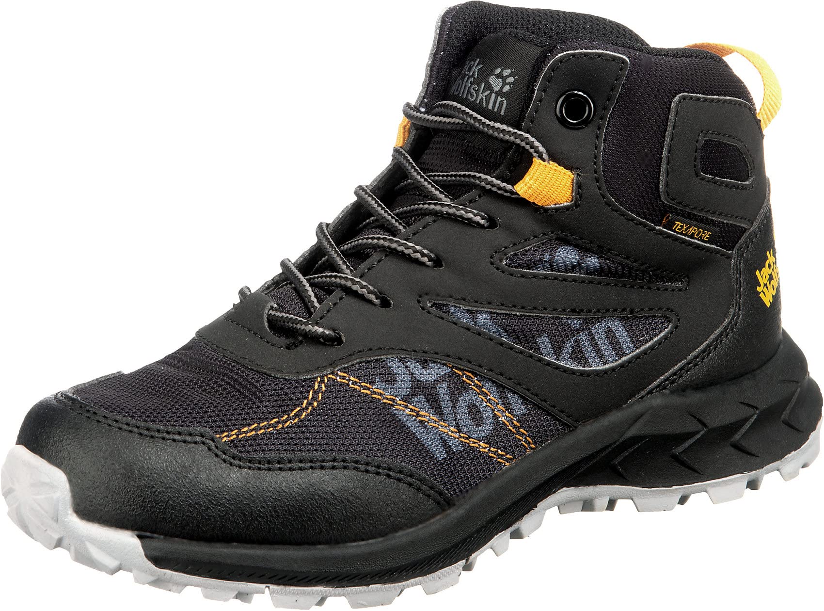 Jack Wolfskin Woodland Texapore Mid K Hiking Boot, Black/Burly Yellow XT, 5 US Unisex Big Kid