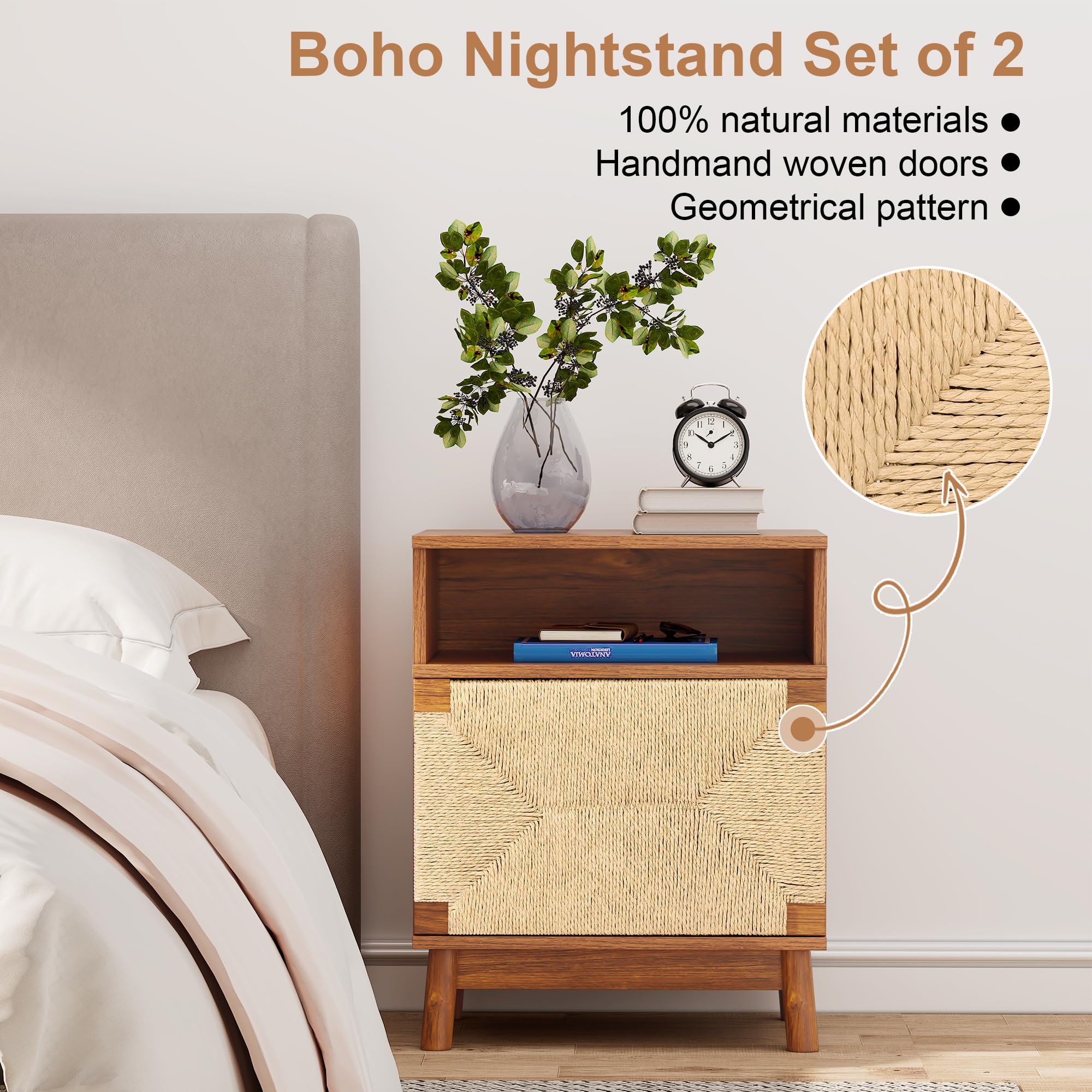 XIAO WEI Large Night Stand Set of 2 with Natural Paper Rope Hand-Woven Doors, Boho Nightstand Bed Side Table Accent End Table, Walnut