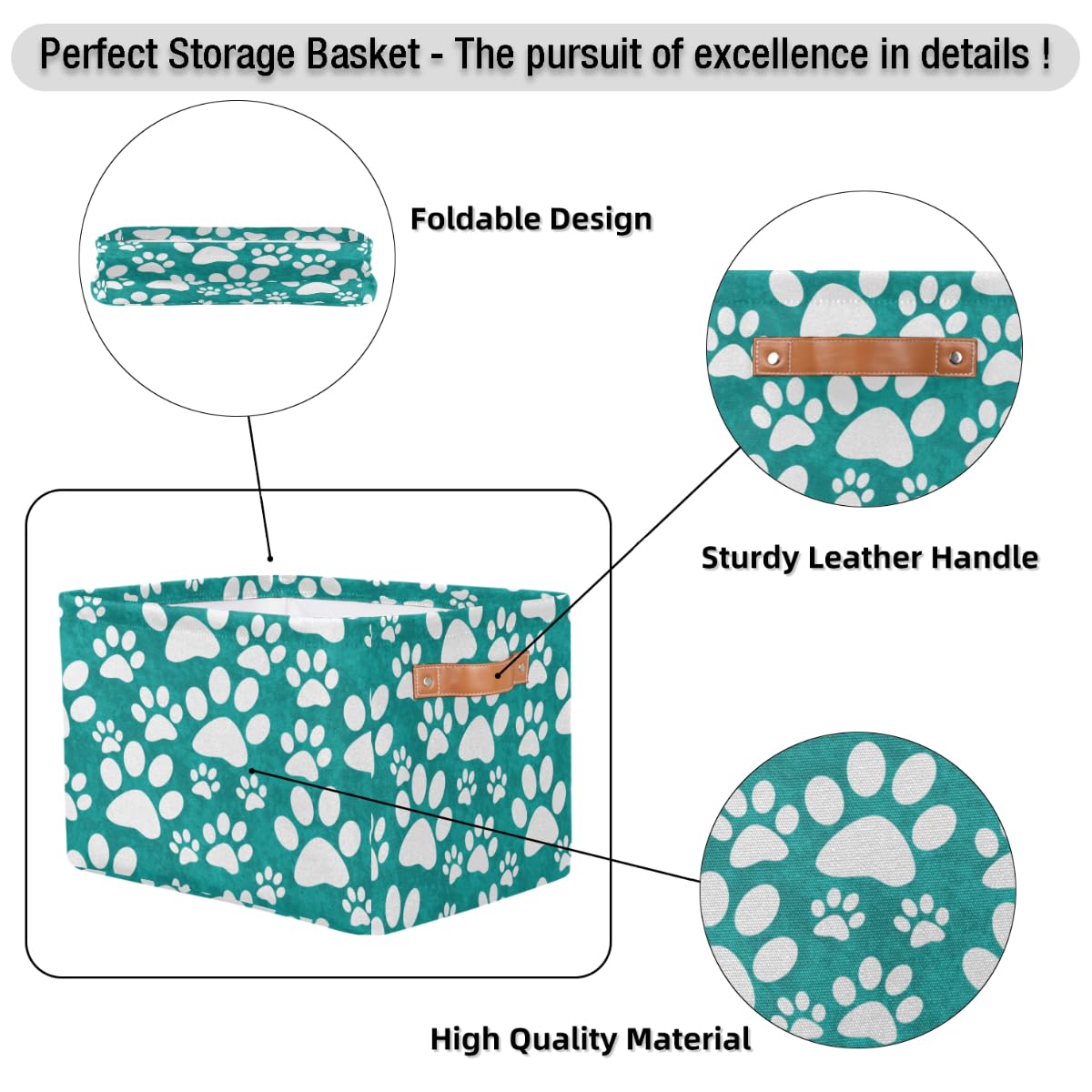 Teal and White Dog Paw Foldable Storage Basket Bin Large Fabric Kids Toys Storage Cube Box with Handles Collapsible Closet Shelf Cloth Organizer Basket for Nursery Bedroom Shelves Laundry