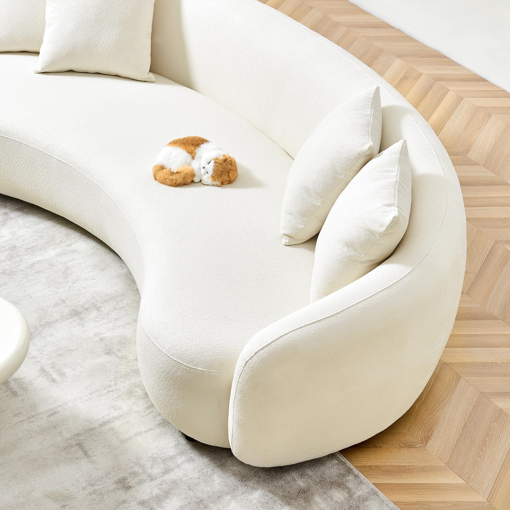 VnndeNest 101'' Sofa Couch, Modern Curved Half Moon Sectional Sofa, Teddy Fleece Boucle 5-Seat Sofa Couch with 4 Throw Pillows, Luxury Comfy Sofa for Living Room, Bedroom, Office, Apartment, Beige
