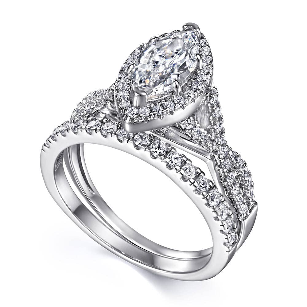 Marquise Bridal Sets Wedding Ring Set for Women Platinum Plated Silver, 1 Carat Center Moissanite Engagement Ring Set White Gold Vintage Anniversary Promise Rings for Her with Text Engraving(size 7
