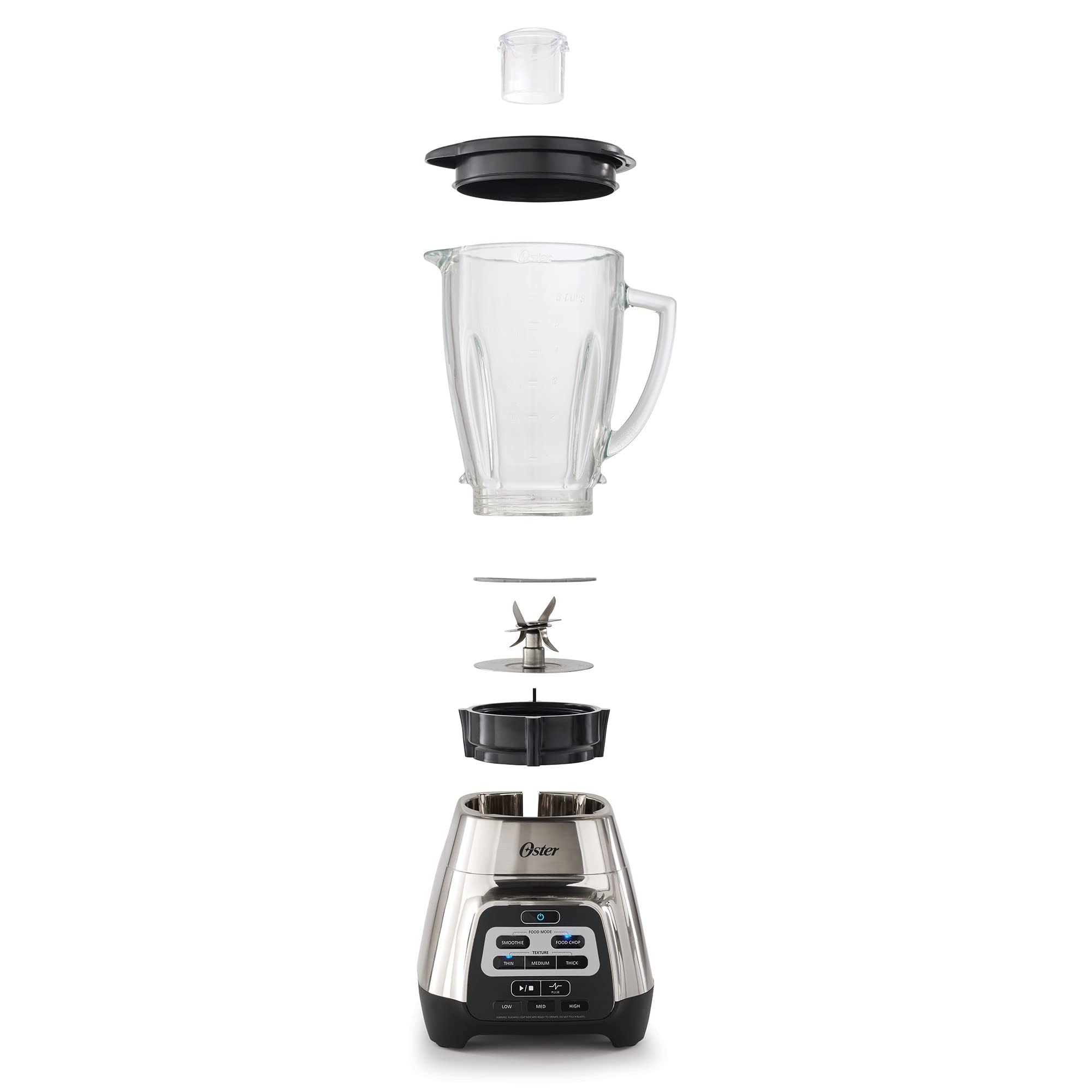Oster Master Series 800 Watt Kitchen Blender w/Pre-Programmed Texture Select Settings, 6 Cup Shatter Resisting Glass Jar, and 24 Ounce Blend-N-Go Cup