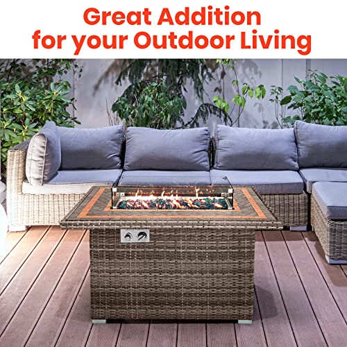SerenelifeHome Outdoor Propane Fire Pit Table- 50,000 BTU Auto-Ignition Gas Fire Pit w/Glass Wind Guard, Black Tempered Glass Tabletop & Clear Glass Rock for Outdoor Cooking & Grilling - SLFPTIL49