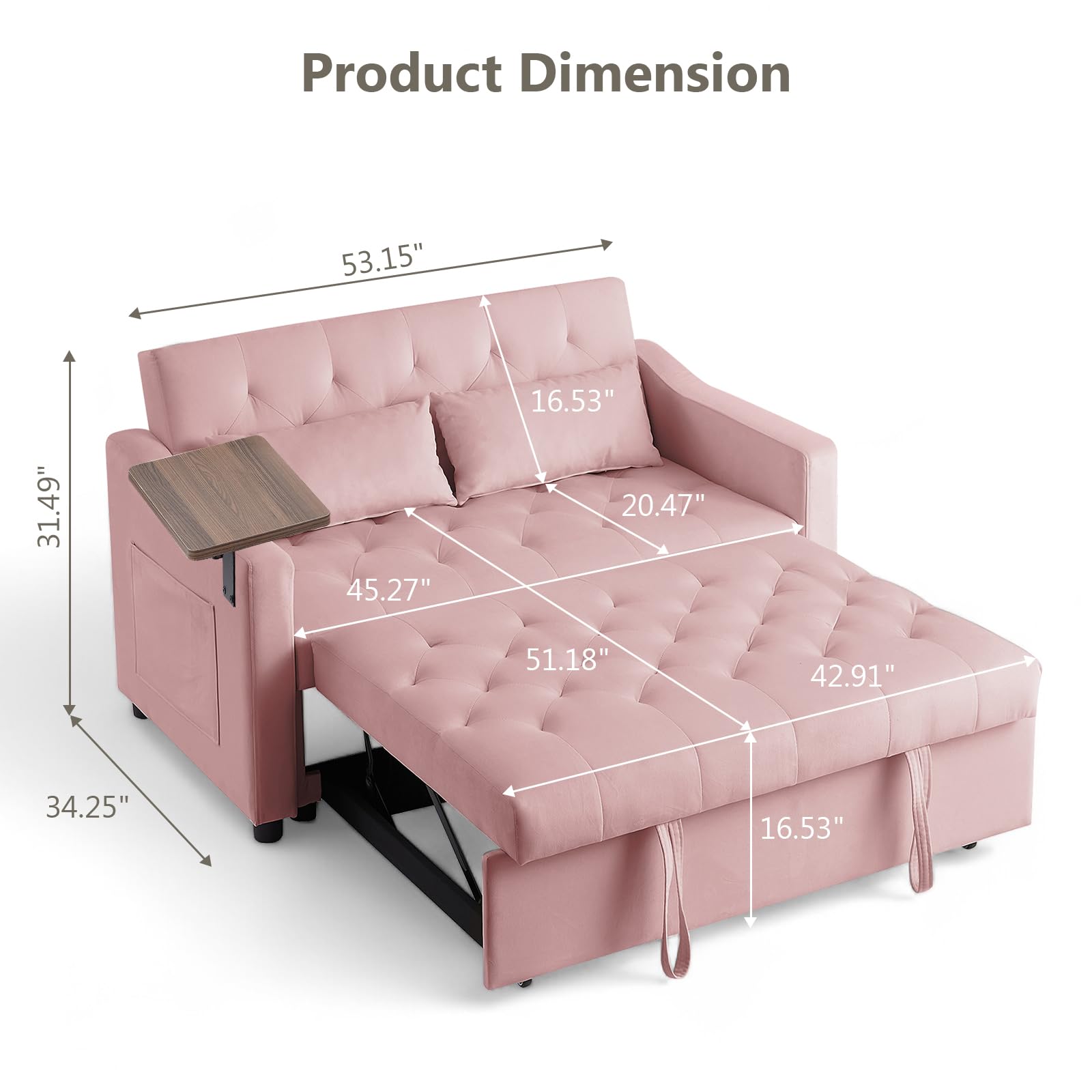 Yafylly 3 in 1 Convertible Sofa Bed, 3-Level Adjustable Backrest Loveseat Sleeper, Small Pull Out Couch with 360° Rotating Side Table for Living Room, Apartment, Bedroom, Office