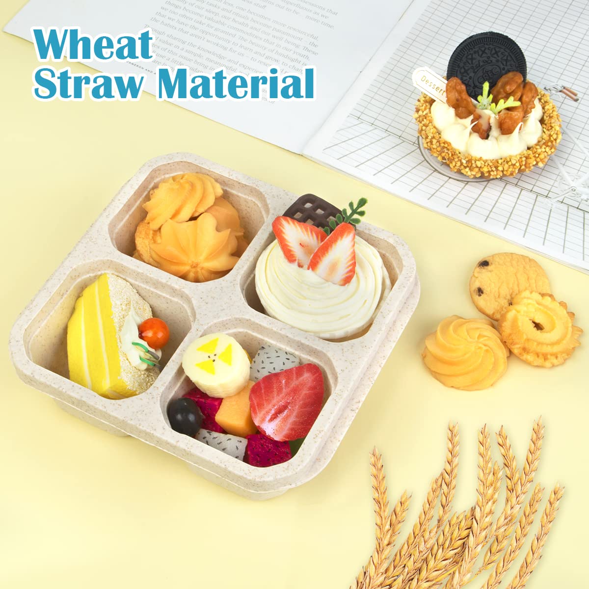 Korlon 6 Pack Snack Containers, 4 Compartments Snack Boxes for Kids, Wheat Straw Meal Prep Reusable Food Storage Lunch Containers for Adults & Kids
