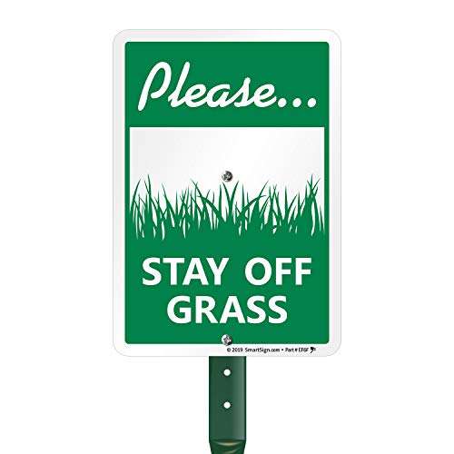 SmartSign 10 x 7 inch āPlease Stay Off Grassā Yard Sign and Stake Kit, 40 mil Laminated Rustproof Aluminum, Black/Red on White, Set of 1