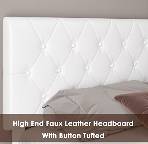 TTVIEW Upholstered Queen Bed Frame with Button Tufted Headboard, Modern Faux Leather Platform Bed with Wooden Slat Support, No Box Spring Needed, Sturdy and Noise-Free, Easy Assembly, White