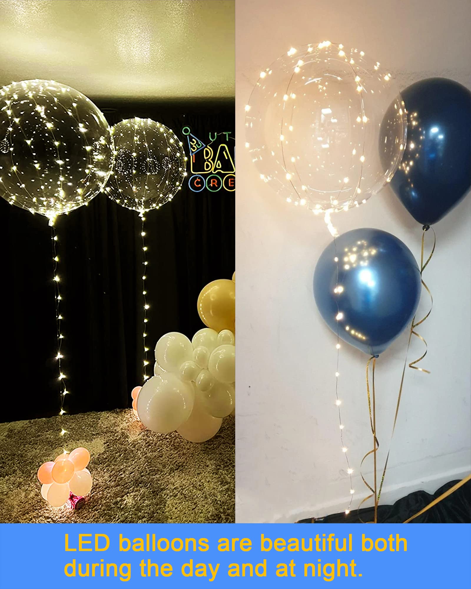 LED Balloons Light Up Balloons - 10 Pack Glow in the Dark Balloons, 20 Inch Clear Bobo Balloons with Lights, Bubble Balloons with String Lights, Helium Glowing Balloons for Party