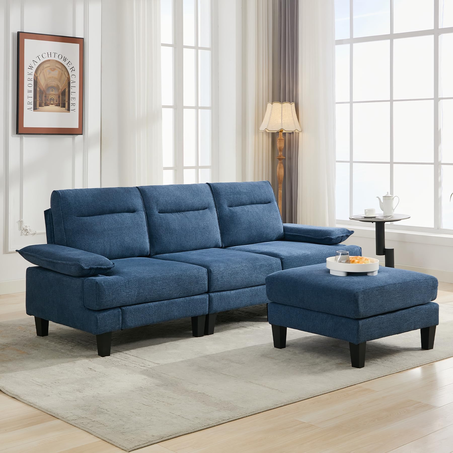 YAMOBO Sectional Sofa Couch, 3 Seat L-Shaped Sofa with Movable Ottoman, Small Sectional Couches for Living Room, Apartment, Offices, Blue
