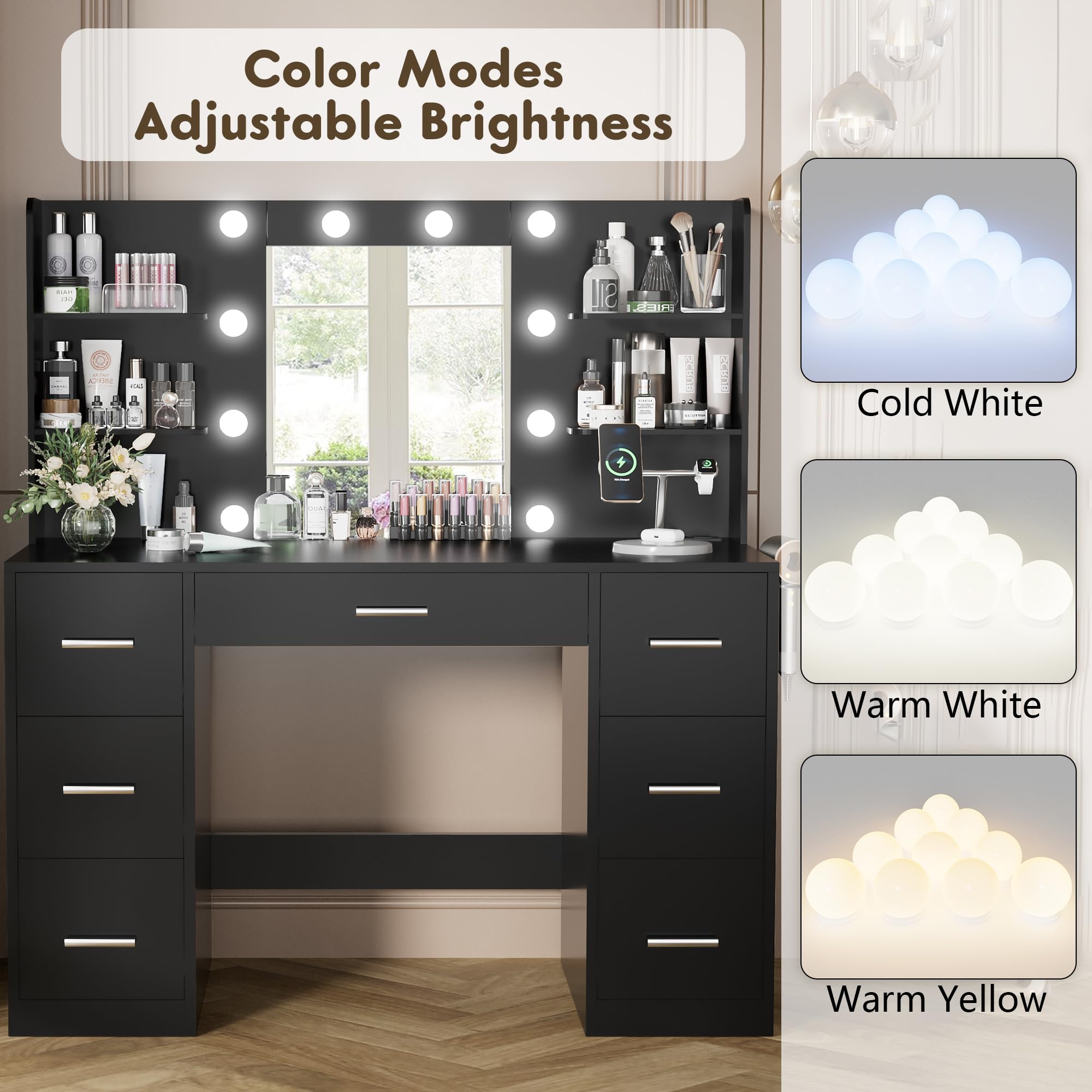 YESHOMY Vanity Desk with Mirror, Makeup Table with 2 Large Drawers, Power Outlet and Round Holder, 3 Color Modes Adjustable Bulb, Bench Included, White