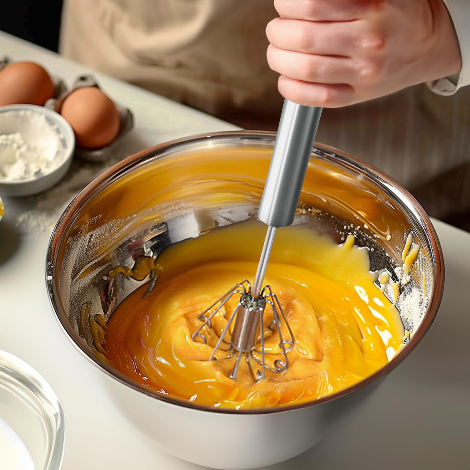 OOKUU Stainless Steel Egg Whisk, Whizzy Whisk, Semi Automatic Whisk Blender for Home - Versatile Tool for Egg Beater, Hand Push Whisk Blender, for Blending, Whisking, Beating & Stirring (12in)
