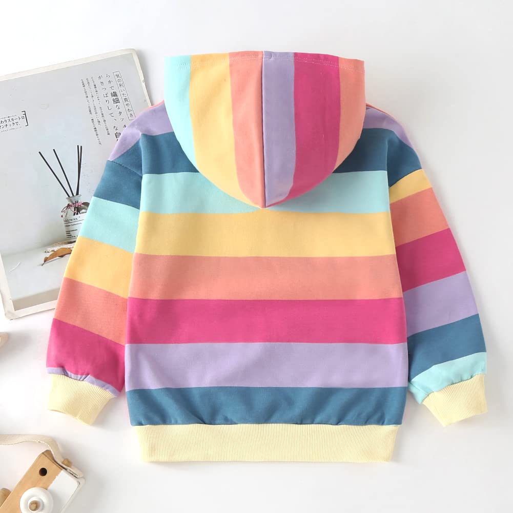 Julerwoo Toddler Girls Cotton Stripe Sweatshirt Hoodie Rainbow Embroidery Pocket Pullover Tops (2T, Color Stripe)