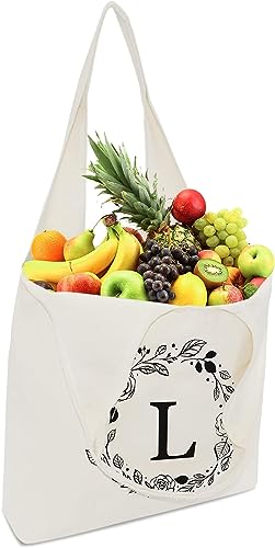YieeTam Personalized Initial Canvas Tote Bag, Reusable Grocery Bags with Inner Pocket, Large Canvas Tote Bag for Women