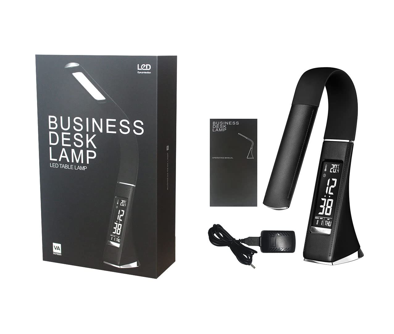 LED Desk Lamp Flexible Gooseneck with Clock Calendar and Temperature,Office Gift Ideas,Touch Dimmable Table Lamp with 3 Levels Brightness,Modern Light for Home Office and Dorm-Black (YF-U2)