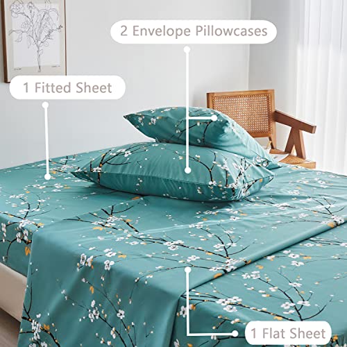 ZRNBAST Teal Sheet Set 4 Pcs Full Sheet Set Floral Print Flat Sheet Fitted Sheet Farmhouse Shabby Bedding Sheets Easy Fit Microfiber Sheets-All Seasons (Teal, Full)