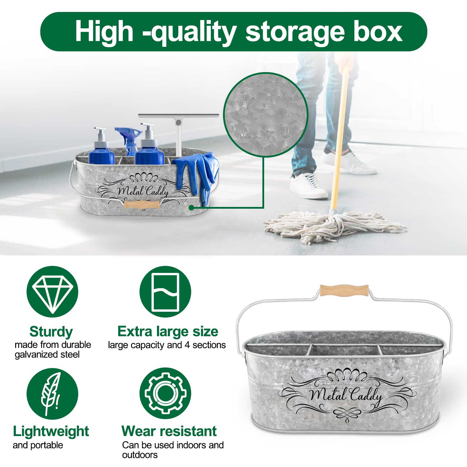 KAVSI Home Galvanized Metal Kitchen Utensil Box with Comfortable Handle for Kitchen Counter-Top/Dining Table, With Dividers Flatware Storage Organizer for Paper Plates, Napkins and Silverware