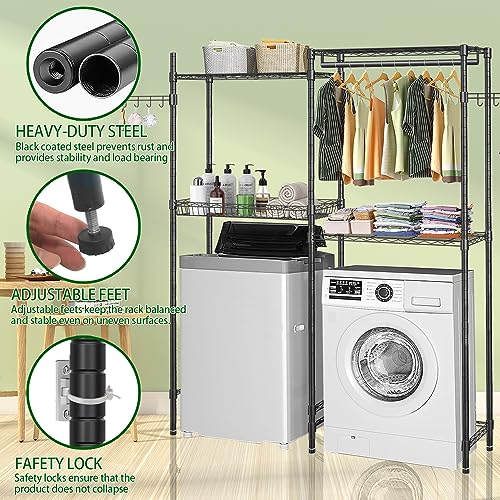 YEPOTUE Clothes Drying Rack, 4 Tiers Laundry Room Organization and Storage with Adjustable Shelves, Heavy-Duty Over Washer and Dryer Shelves Space Saver Closet Rack Towel Storage Black