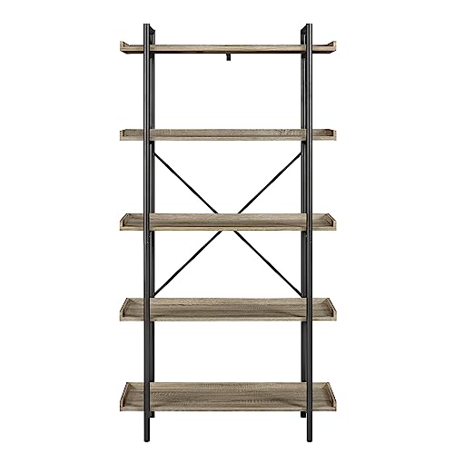 Walker Edison 5 Shelf Industrial Wood Metal Bookcase Tall Bookshelf Storage Home Office, 68 Inch, Driftwood