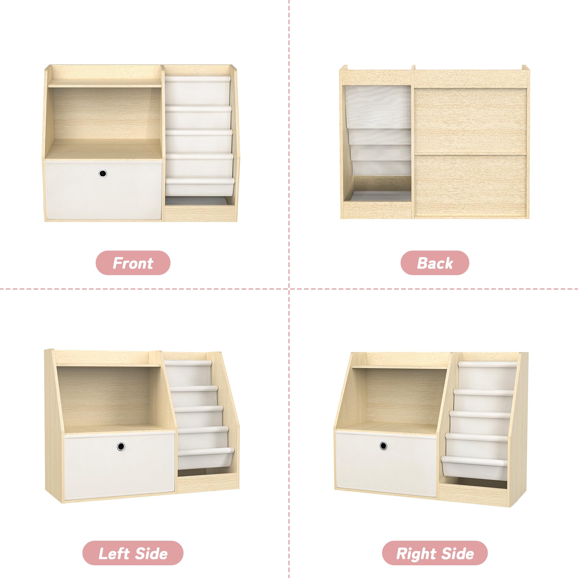 TOETOL Kids Bookshelf & Book Storage,4 Sling Wooden Toddler Book Shelf,2-Tier Wooden Open Bookcase & Storage Organizer Boxes for Nursery, Playroom, Bedroom