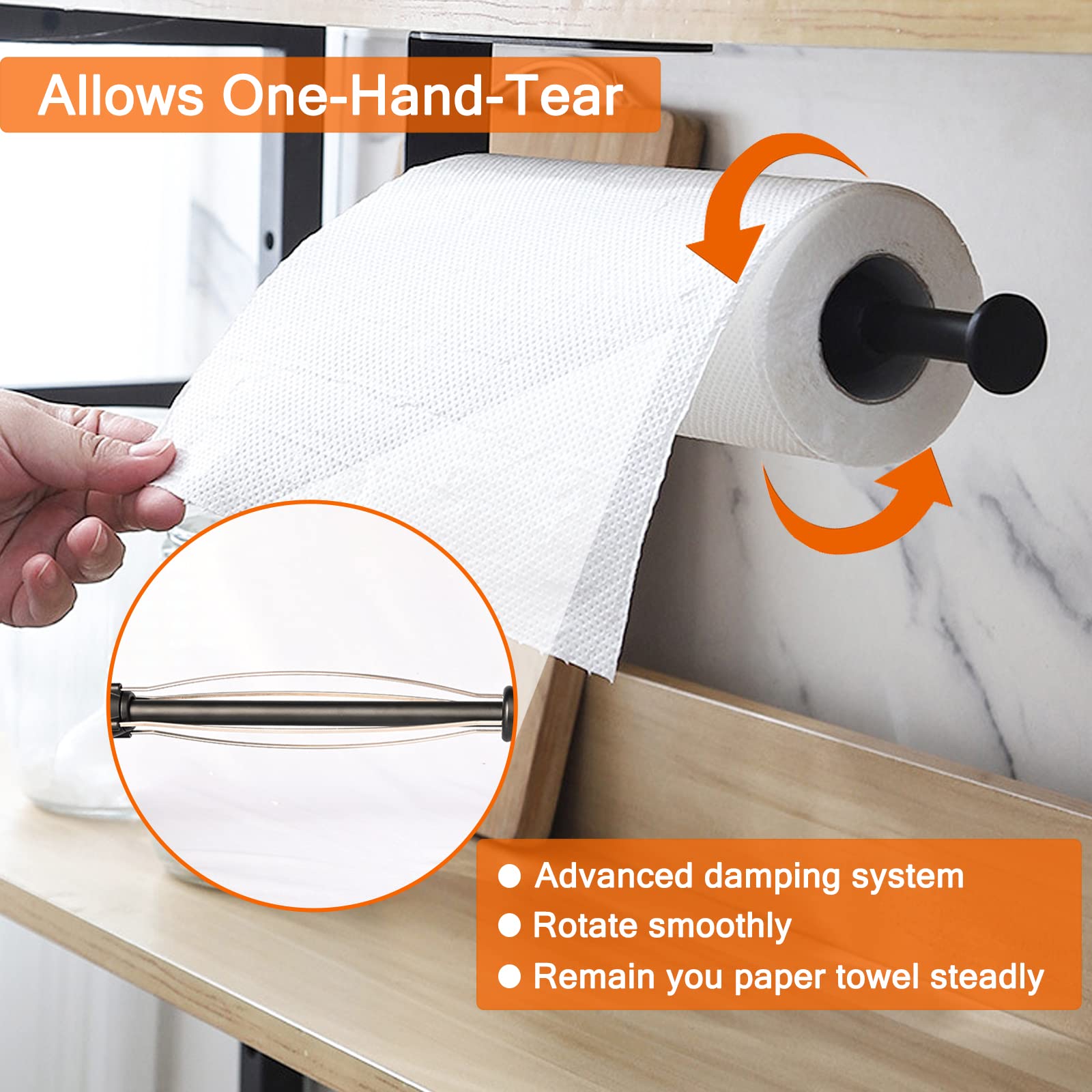 KOVOSCH Paper Towel Holder Under Cabinet with Damping Effect, Adhesive Paper Towel Holder Wall Mount, Single Hand Operable Stainless Steel Paper Towel Holder for Kitchen and Bathroom, Black