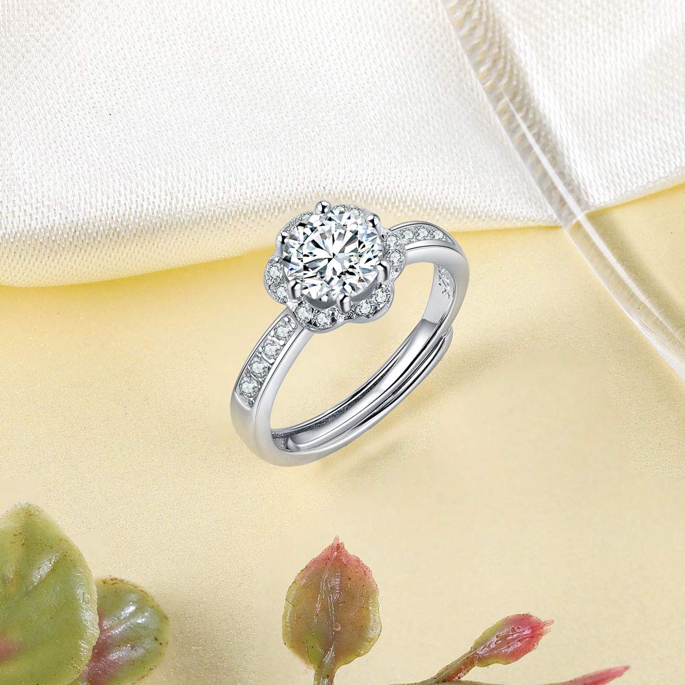 lorajewel Flower Brilliant Cut 1.0 ct Solitaire Moissanite Ring 6 Prong Adjustable 925 Sterling Silver Promise Engagement Ring for Women (Silver)