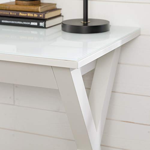 Walker Edison Lawrence Urban Industrial X Leg Glass Top Computer Desk, 48 Inch, White