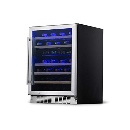 NewAir 24” 46 Wine Bottle Cooler | Dual Zone Cooling 40-66 Degrees Wine Fridge | Stainless Steel With Quiet Compressor And Removable Beech Wood Shelves NWC046SS01
