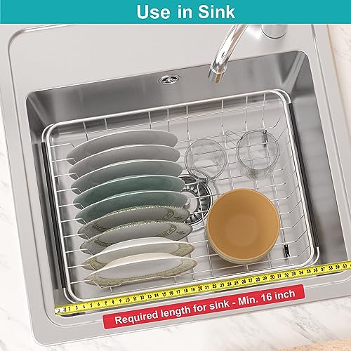 iPEGTOP Expandable Multifunctional Dish Drying Rack, Over The Sink, in Sink Or On Counter Dish Drainer Rack Organizer Shelf with White Utensil Silverware Holder, Rustproof Stainless Steel
