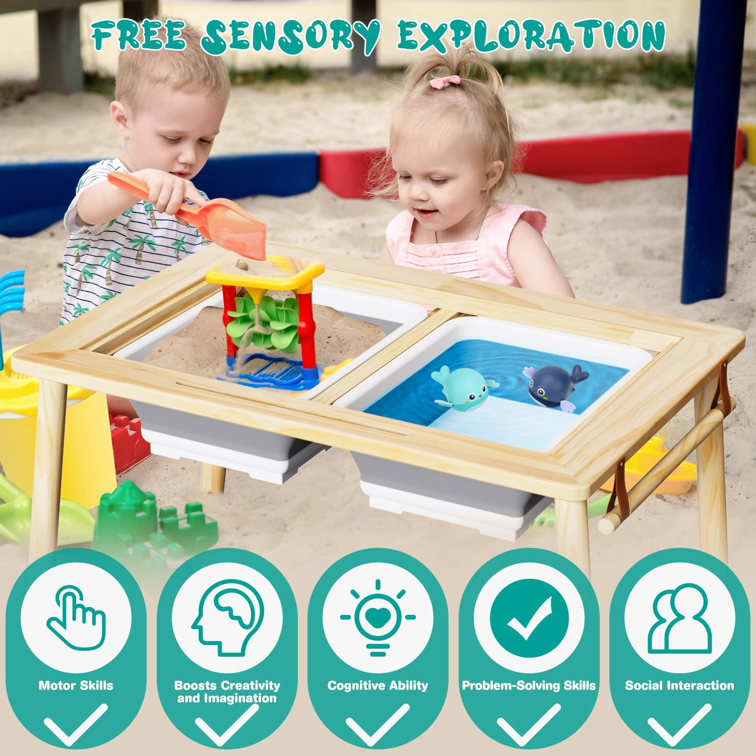 Wattne Sensory Table for Toddlers 1-5, Kids Activity Table Toddler Sensory Table with Paper Roll Holder,Lid & 2 Storage Bin, Wooden Sensory Table for Indoor Outdoor Use