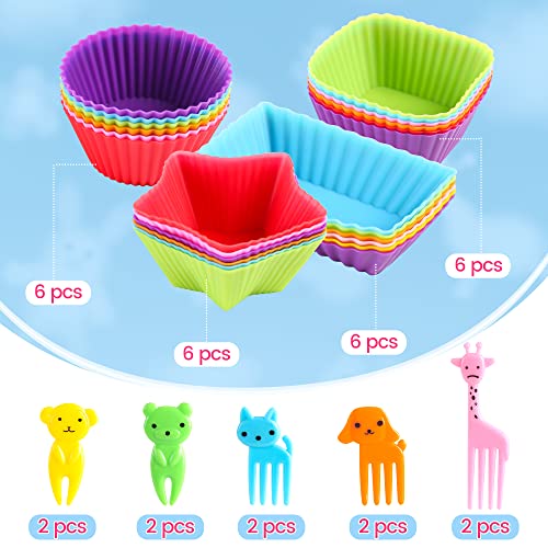 WSmelon Silicone Lunch Box Dividers for kids, 24 pcs Bento Box Dividers with 10 Animal Food Picks,Silicone Bento Box Inserts,Silicone Cupcake Baking Cups,Muffin Pan Liners, Reusable and BPA Free