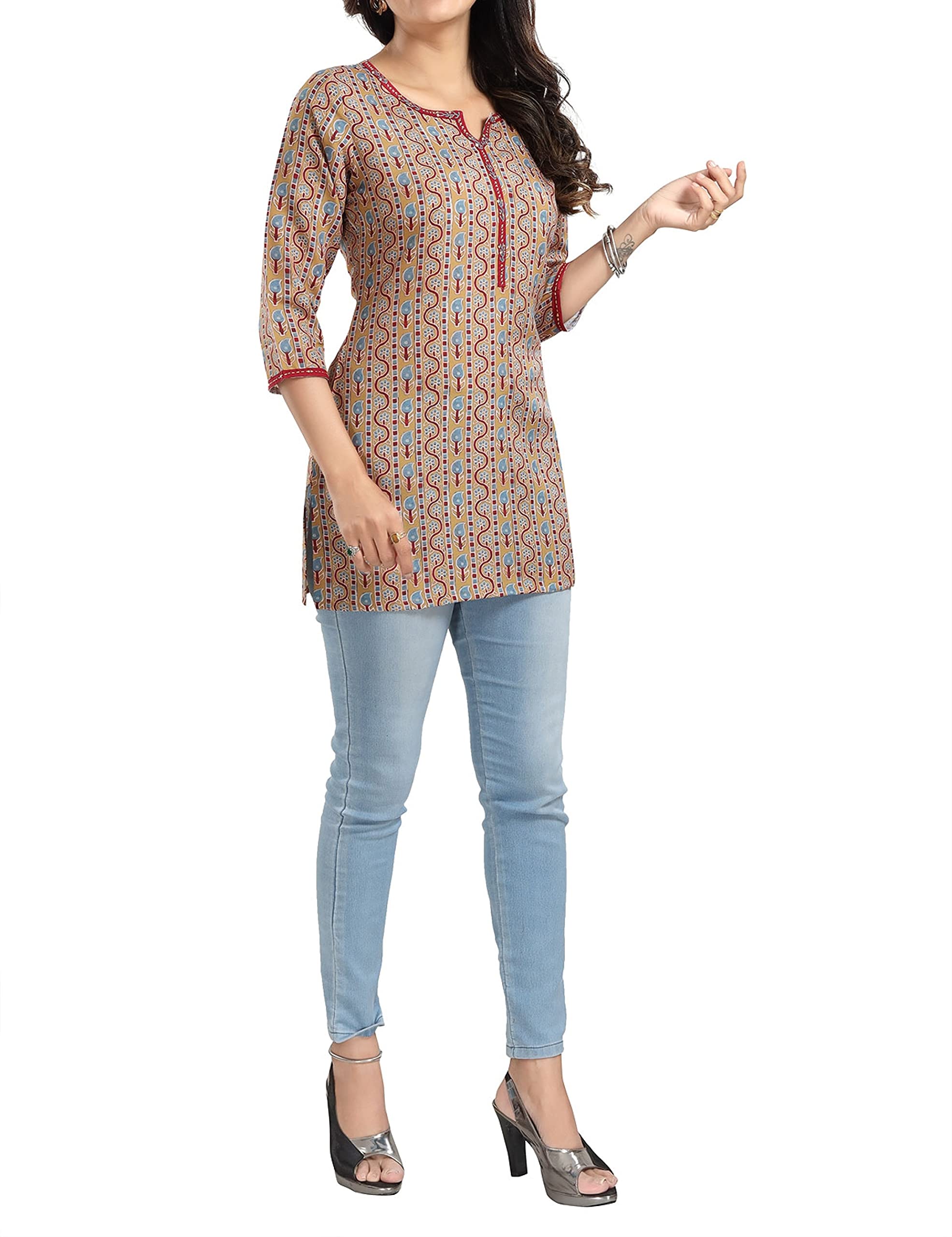 IshDeena Indian Kurtis for Women Indian Style Printed Embroidered Tunics Womens Tops Kurta (2X Large, Maroon - 0622ID5)