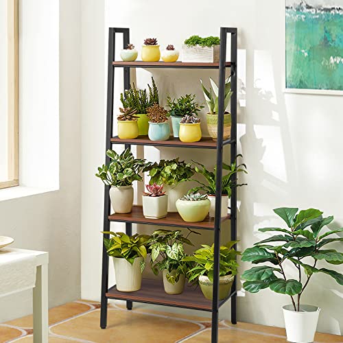Tangkula 4-Tier Ladder Bookshelf, Freestanding Open Bookcase with Metal Frame & Anti-toppling Device, Industrial Wooden Storage Display Shelf Plant Stand for Living Room Study Balcony (2, 4-Tier)