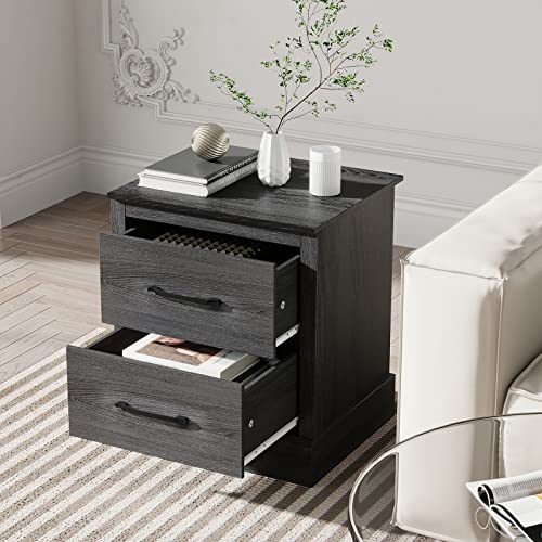 UIIAIOUIAIO Nightstand with 2 Storage Drawers, Wood Bedside Table, Compact Floor Night Stand End Table, Accent Sofa Side Table for Bedroom Living Room, Farmhouse Design, Grey Oak