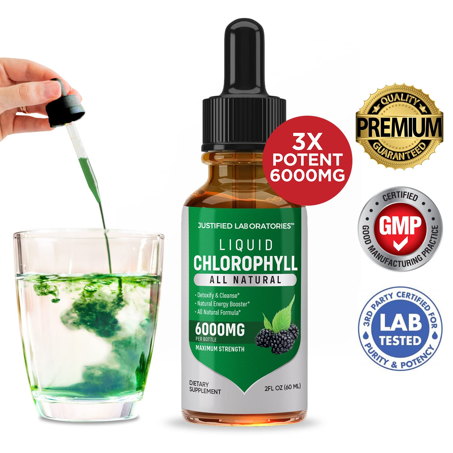Justified Laboratories Liquid Chlorophyll Drops 6000MG Maximum Strength Green Concentrate Packed with Antioxidants Minerals and Vitamins 2 FL OZ Bottle (1 Bottle)