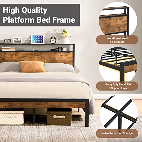 Zevemomo Queen Bed Frame with 2-Tier Storage Headboard and Power Outlets, USB Ports Charging Station, Heavy Duty Metal Platform Bed Frame 800 LBS Weight Capacity, Noise-Free & No Box Spring Needed