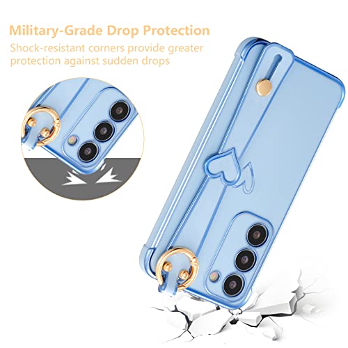 ZTOFERA Samsung Galaxy S23 5G Case with Kickstand,Luxury Cute Plating Edge Love Hearts Pattern Wrist Strap Finger Holder for Girls Women,Soft Shockproof Cover for Galaxy S23 6.1",Blue