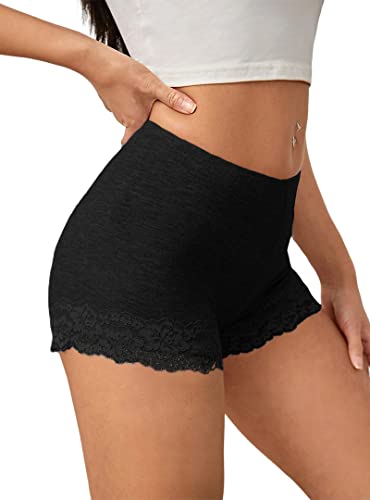 MIRACMODA Women Casual Contrast Lace Trim Biker Shorts Workout Yoga Gym Athletic Booty Short Leggings Black