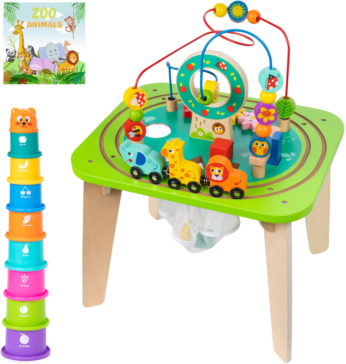 Pidoko Kids Activity Table for Toddlers - Gift Set Bundle for Boys & Girls 18 months and up - includes Stacking Cups and a Zoo Book