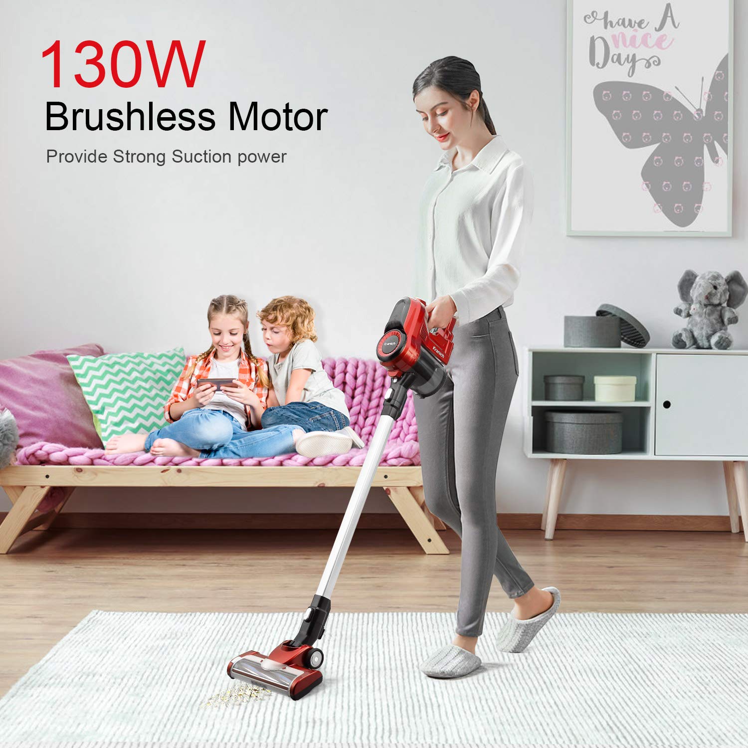 Kranich Lightweight Cordless Vacuum Cleaner, High Efficiency Powerful Digital Motor LED Headlights, Convenient Stick and Handheld Vac