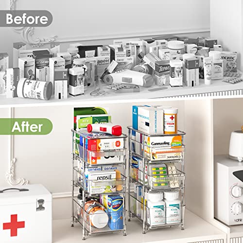 YOOMIDDA Bathroom Storage Organizer with Dividers, Multi-Purpose Kitchen Under Sink Organizers and Storage Slide-Out, Closet Organization, Kitchen Pantry Cabinet Medicine Bins (4 Tier)