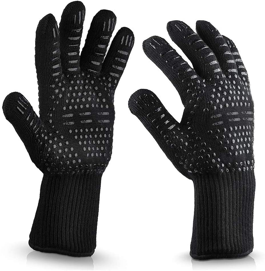 Oven Gloves 932°F Heat Resistant 2 Pc Gloves, Black XL Size Cut-Resistant Grill Gloves, Non-Slip Silicone BBQ Gloves, Kitchen Safe Cooking Gloves for All, Oven Mitts,Smoker,Barbecue,Grilling