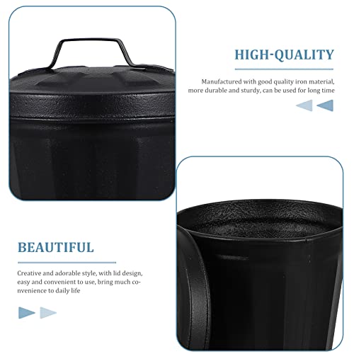 UKCOCO White Desk Metal Trash Can with Lid Wastebasket Small Buckets Tinplate Tin Pails Tabletop Storage Containers Organizer for Home Office Bathroom Kitchen Party Favors Black Recycle Bin