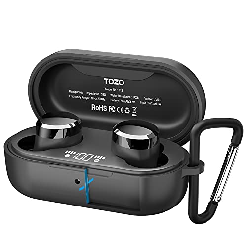 TOZO T12 2022 Wireless Earbuds Bluetooth 5.3 Headphones Black & TOZO T12 Protective Silicone Case Shockproof Soft Skin Cover Black