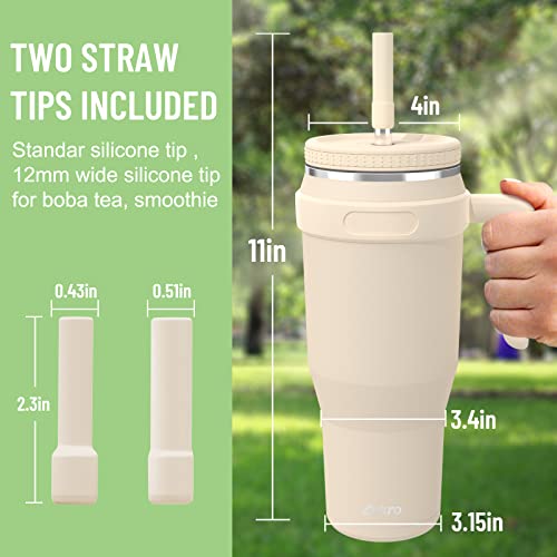 Zukro 50 oz Mug Tumbler with Handle and Screw on Lid, Vacuum Insulated Stainless Steel Tumbler with Straw Lid, Leakproof Straw Cup, Keeps Drinks Cold 30 Hours, Fit in Cup Holder - Beige