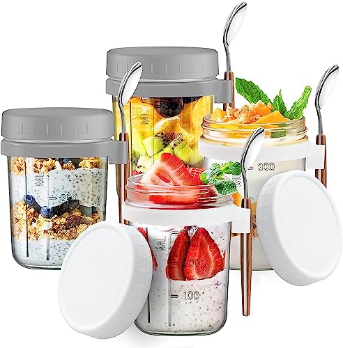 Tekuve 4 Pack Overnight Oats Containers with Lids and Spoon, 16 oz Glass Mason Jars with Airtight Lid for Overnight Oats Meal Prep Chia Yogurt Salad Fruit Gray White