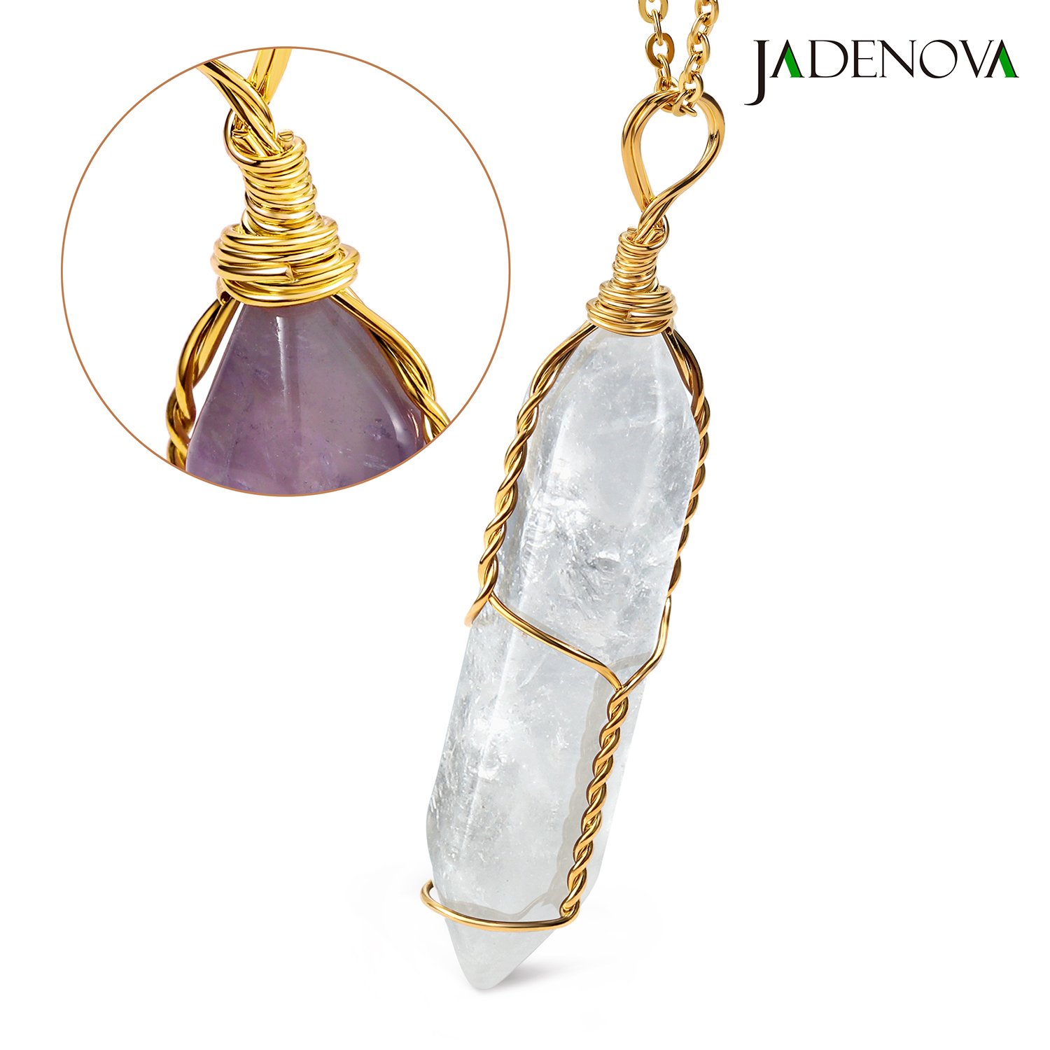 JADENOVA Full Wire Wrapped Energy Healing Crystal Gemstone Pendant Necklace 18 Inches Stainless Steel Chain(Natural Clear White Quartz)