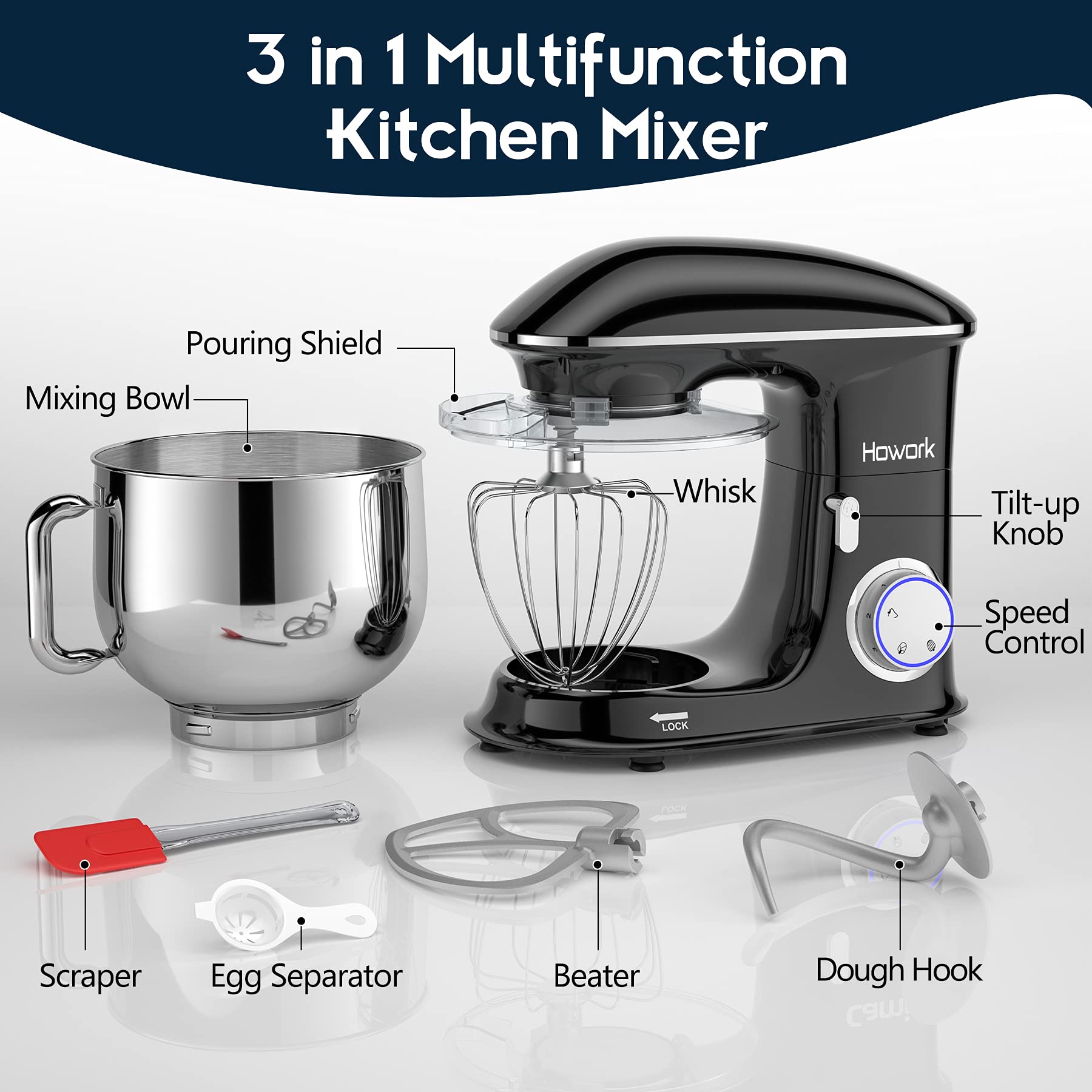 HOWORK 8.5QT Stand Mixer, 660W 6+P Speed Tilt-Head, Electric Kitchen Mixer With Dishwasher-Safe Dough Hook, Beater, Wire Whip & Pouring Shield (8.5 QT, Red)