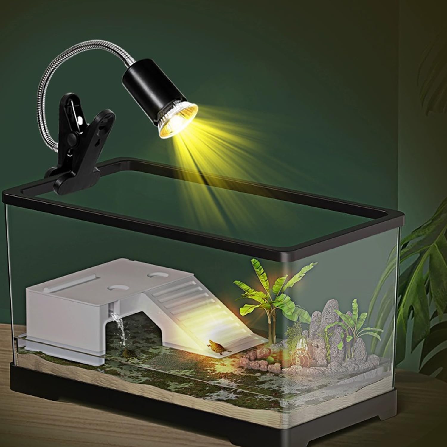 Heat lamp for reptiles,UVA UVB Turtle Heating Lamp with Two Heat Bulbs, Turtle Basking Light with 360° Rotatable Hose & Clamp & Adjustable Switch for Bearded Dragon Reptiles Turtle Lizard Snake